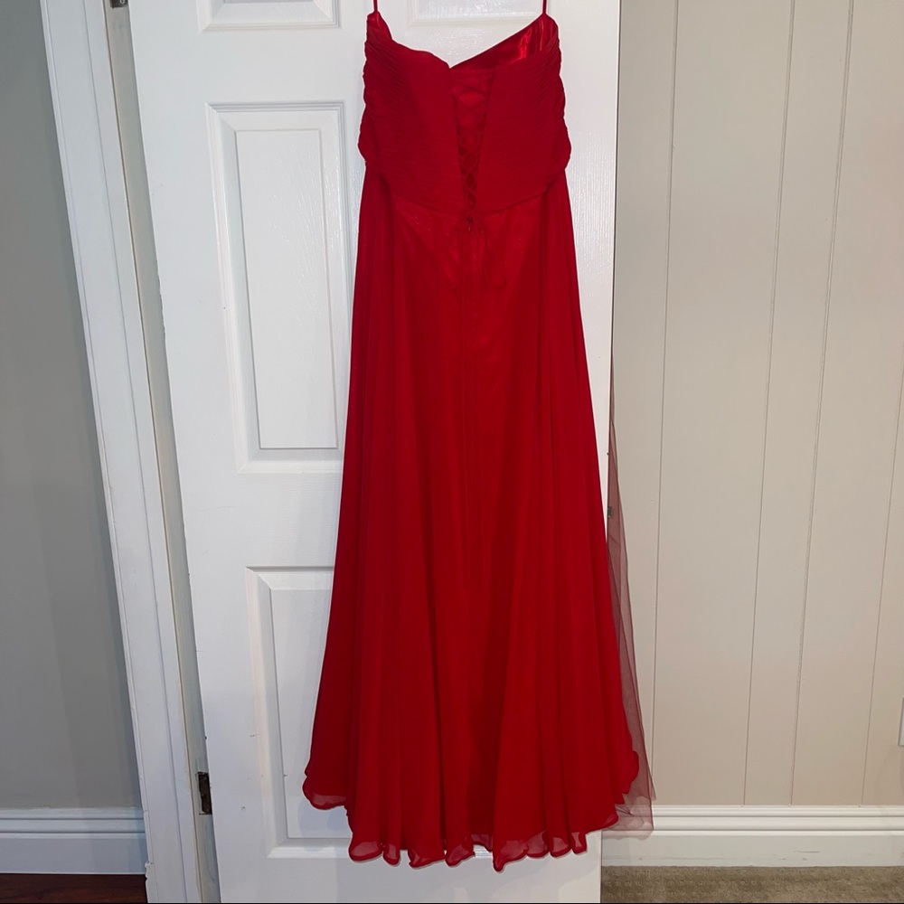 Red Flowy Gown With Crystal Detailing - Gem